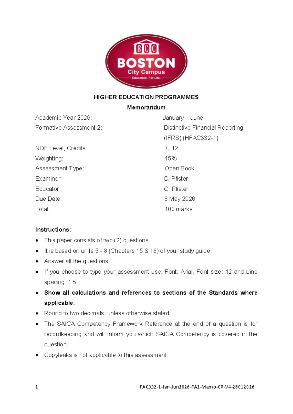 HFAC332-1 Jan-Jun 2026 FA2 Memo: Distinctive Financial Reporting (IFRS ...