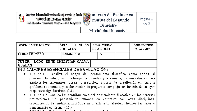 Evaluación Sumativa Bimestre 2 Filosofía 1RO Intensiva - Studocu