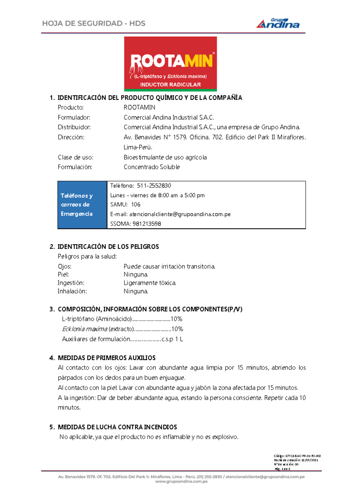 Hs Rootamin Hoja De Datos De Seguridad Hds Studocu