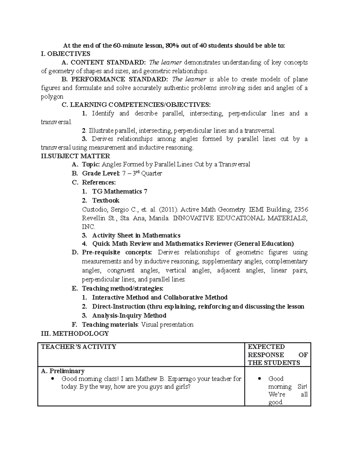 DLP - Angles Formed by Parallel Lines Cut by a Transversal Lesson Plan ...