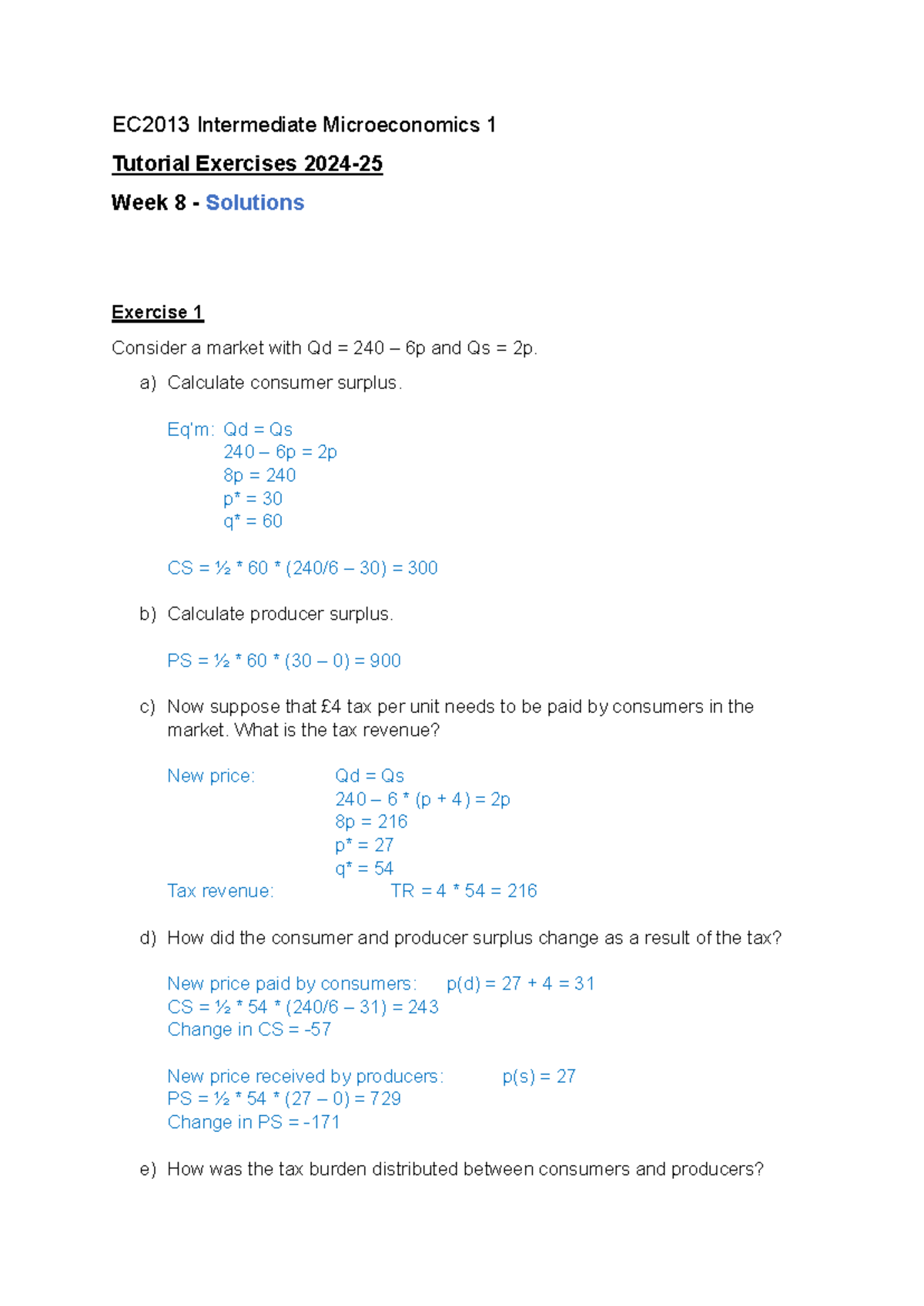 EC2013 Intermediate Microeconomics 1 Tutorial W8 Solutions - Studocu