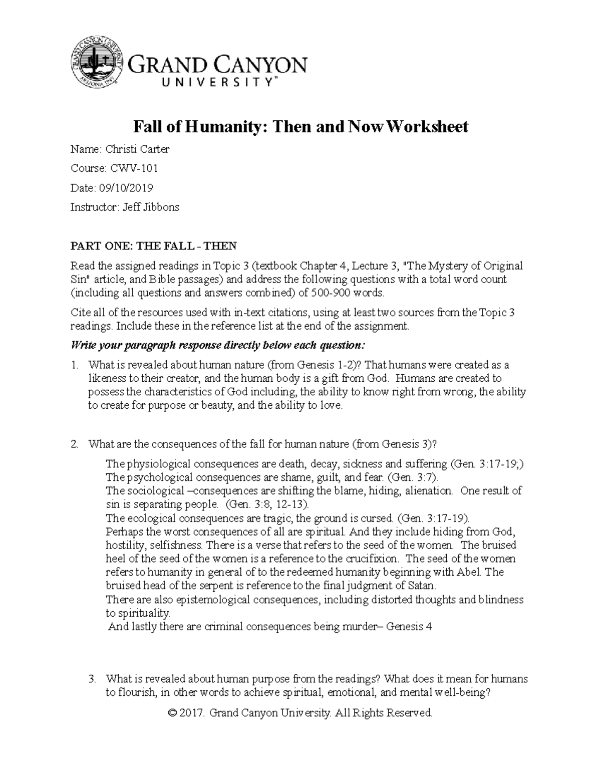 CWV-101-301-RS-T3: Fall of Humanity Worksheet and Analysis - Studocu