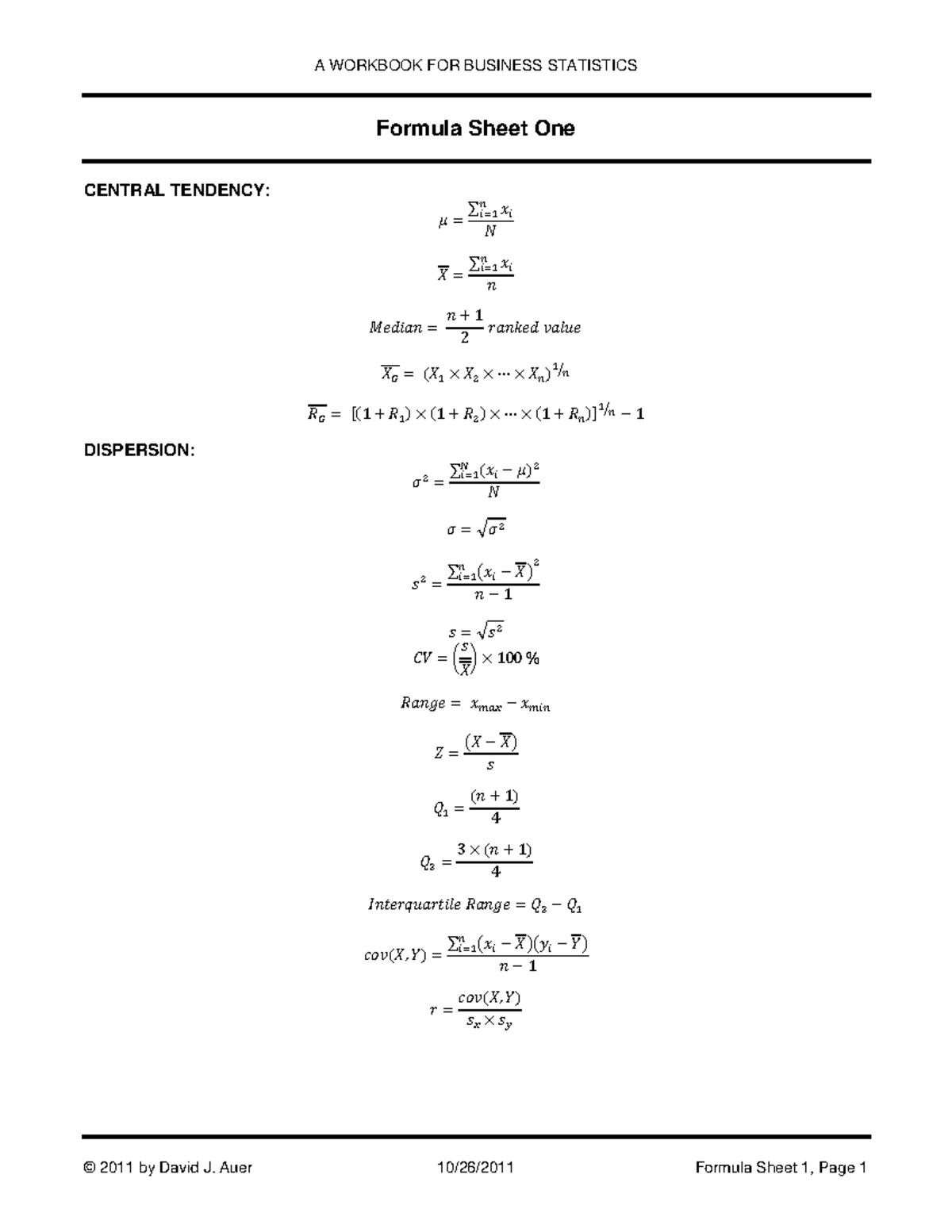 DSCI 205 Business Statistics Formula Sheet No. 1 and 2 - Studocu