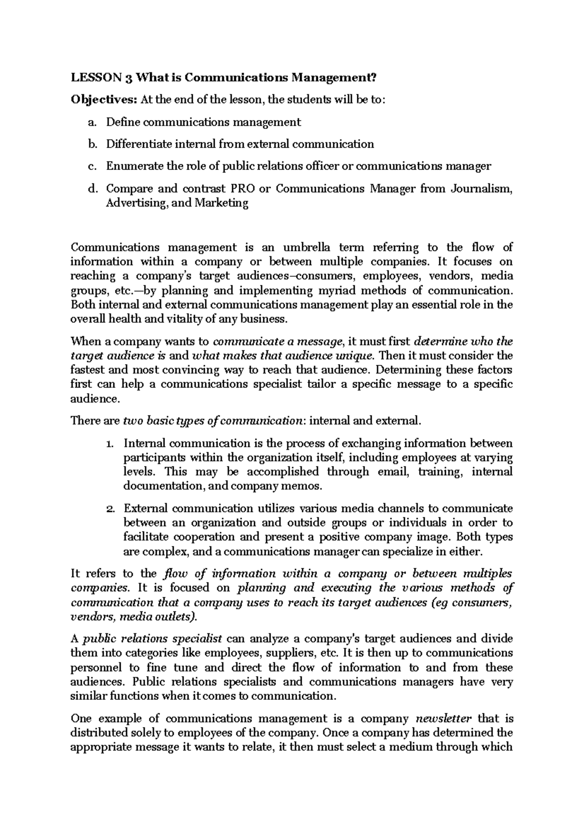 Lesson 3: Understanding Communications Management & Its Roles - Studocu