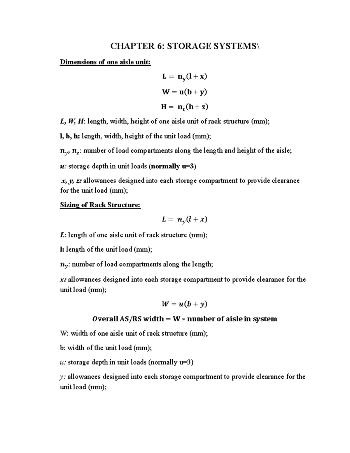 MHS - Chapter 6: Storage Formulas and Rack Structure Dimensions - Studocu