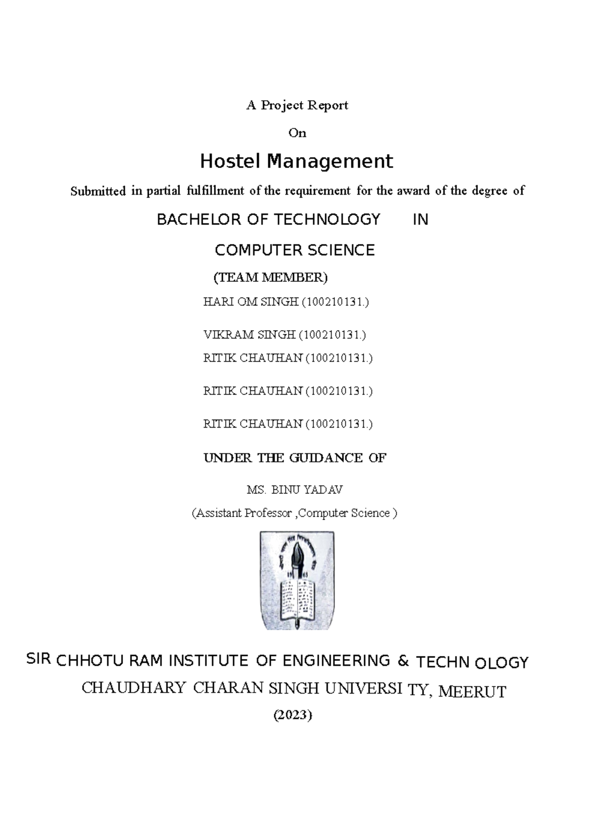 B.Tech Project Report Format: Hostel Management Overview - Studocu