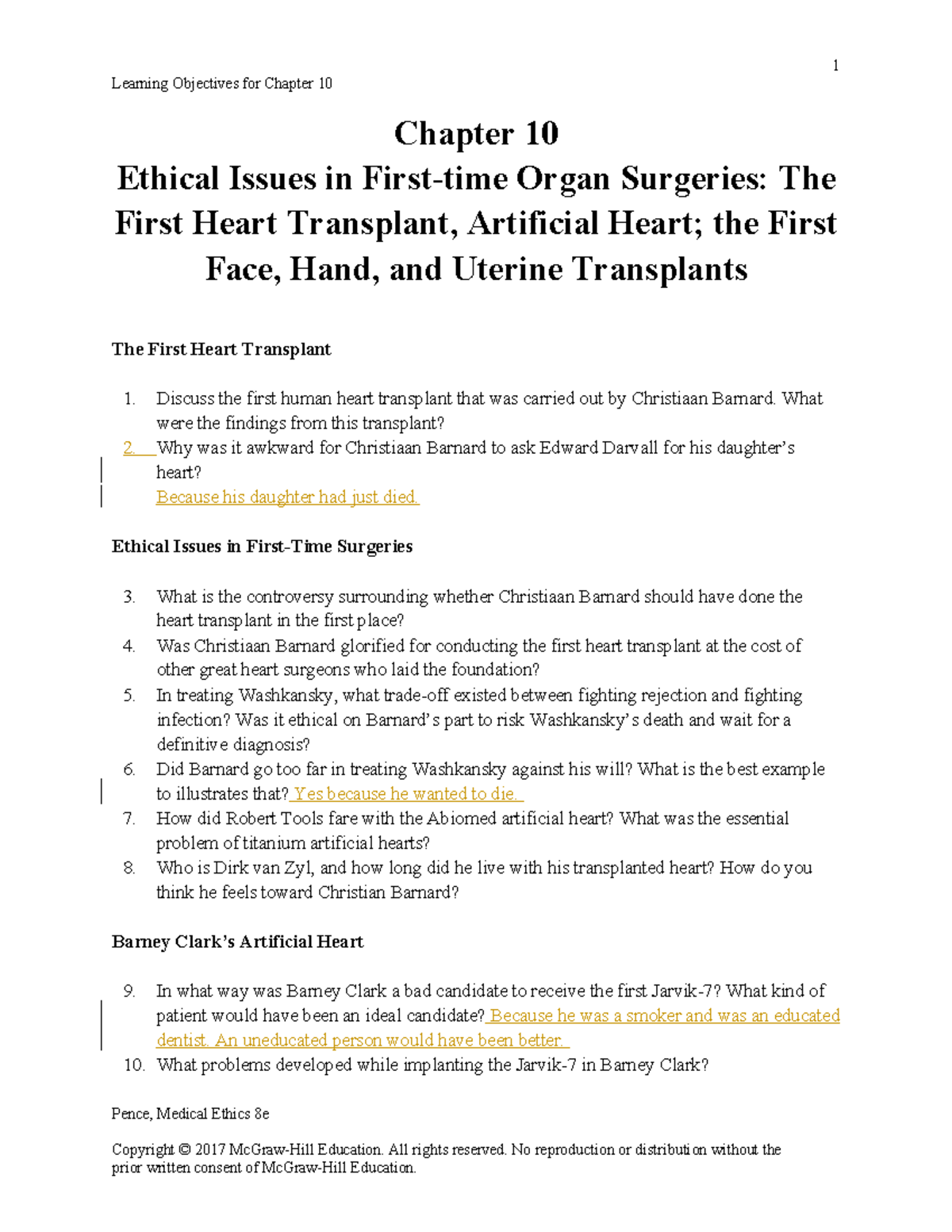 Learning Objectives for Chapter 10: Ethical Issues in Organ Transplants ...
