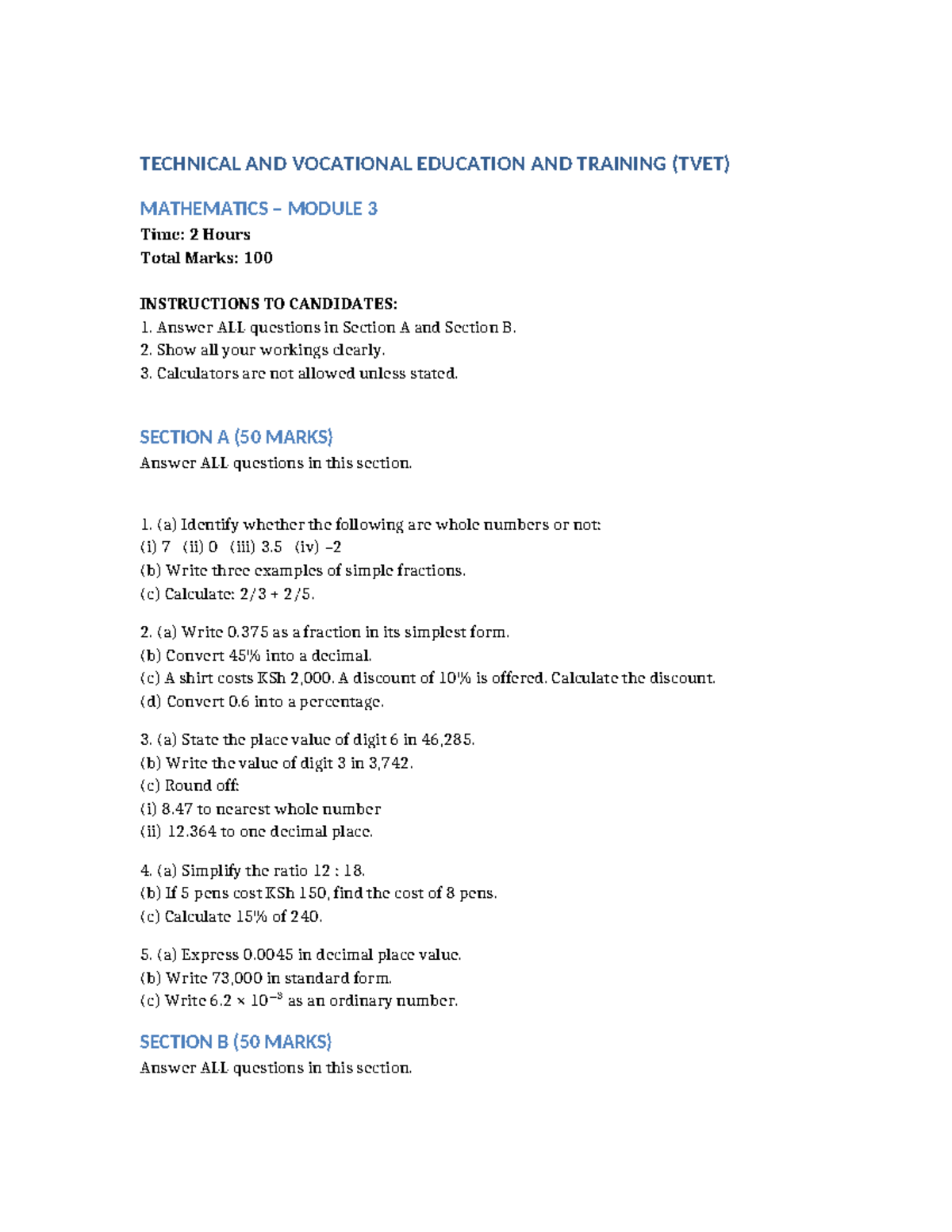 TVET Mathematics Module 3 Exam Paper: 2 Hours, 100 Marks - Studocu