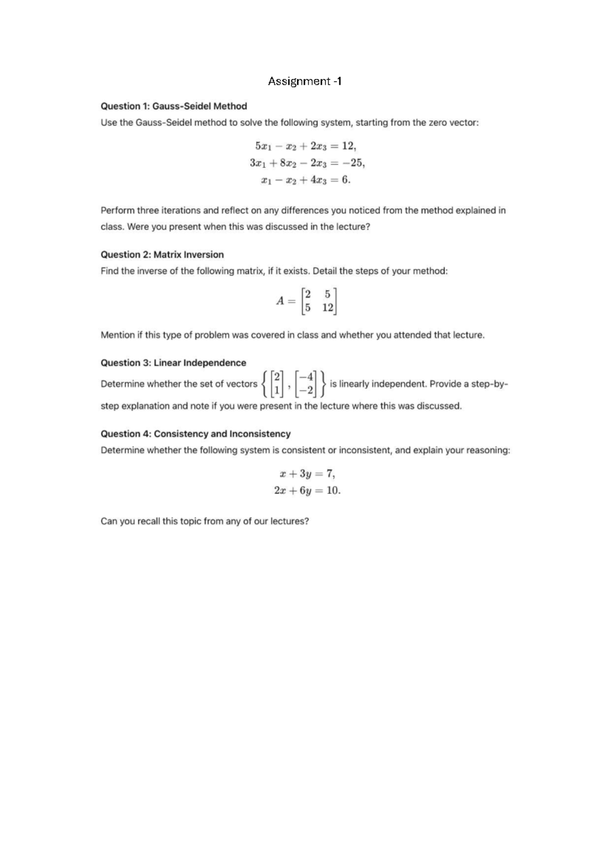 MAT 4594581 Assignment 1: Linear Algebra Problem Set - Studocu