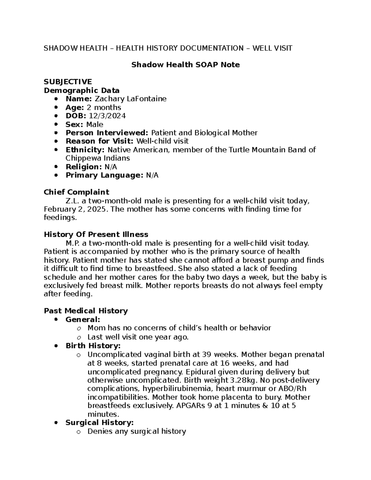Shadow Health SOAP Note Template PEDS: Well-Child & Sick Visit ...