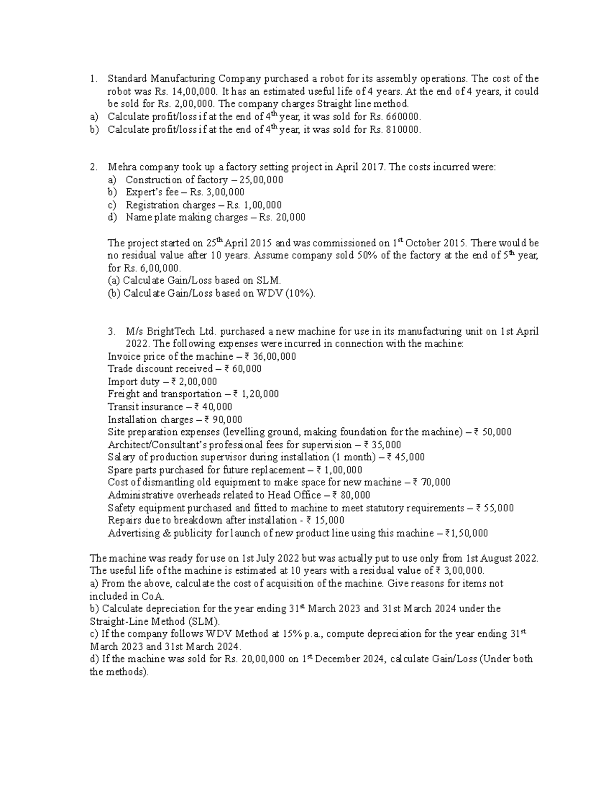 Depreciation Practice: SLM & WDV Calculations for Assets - Studocu