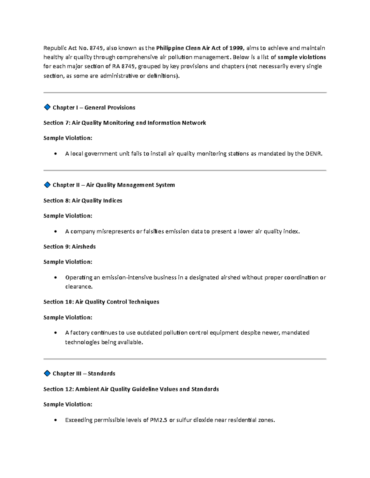 RA 8749: Sample Violations of the Philippine Clean Air Act - Studocu