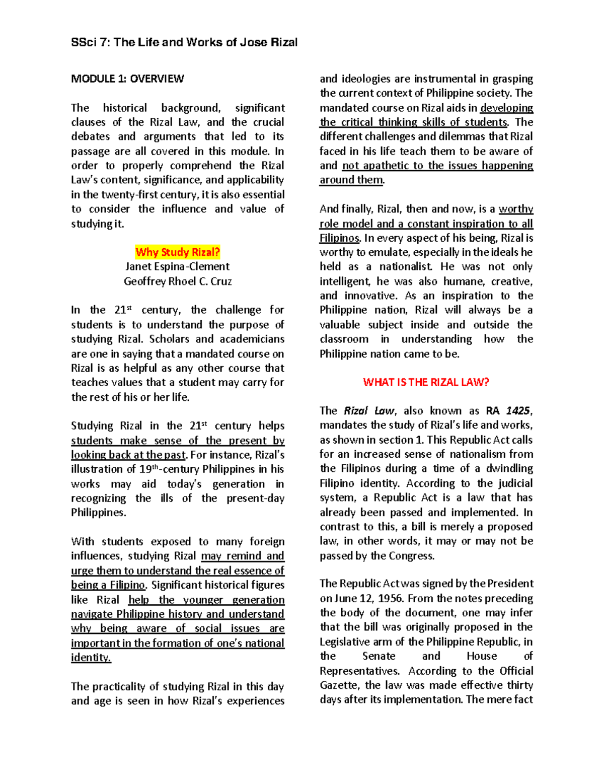 SSCi 7: Overview of Jose Rizal's Life, Works, and the Rizal Law - Studocu