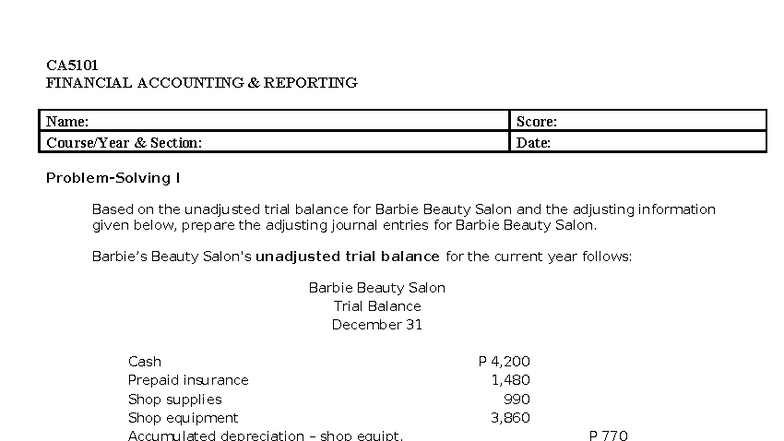 CA5101 FINANCIAL ACCOUNTING ADJUSTING ENTRIES WORKSHEET - Studocu