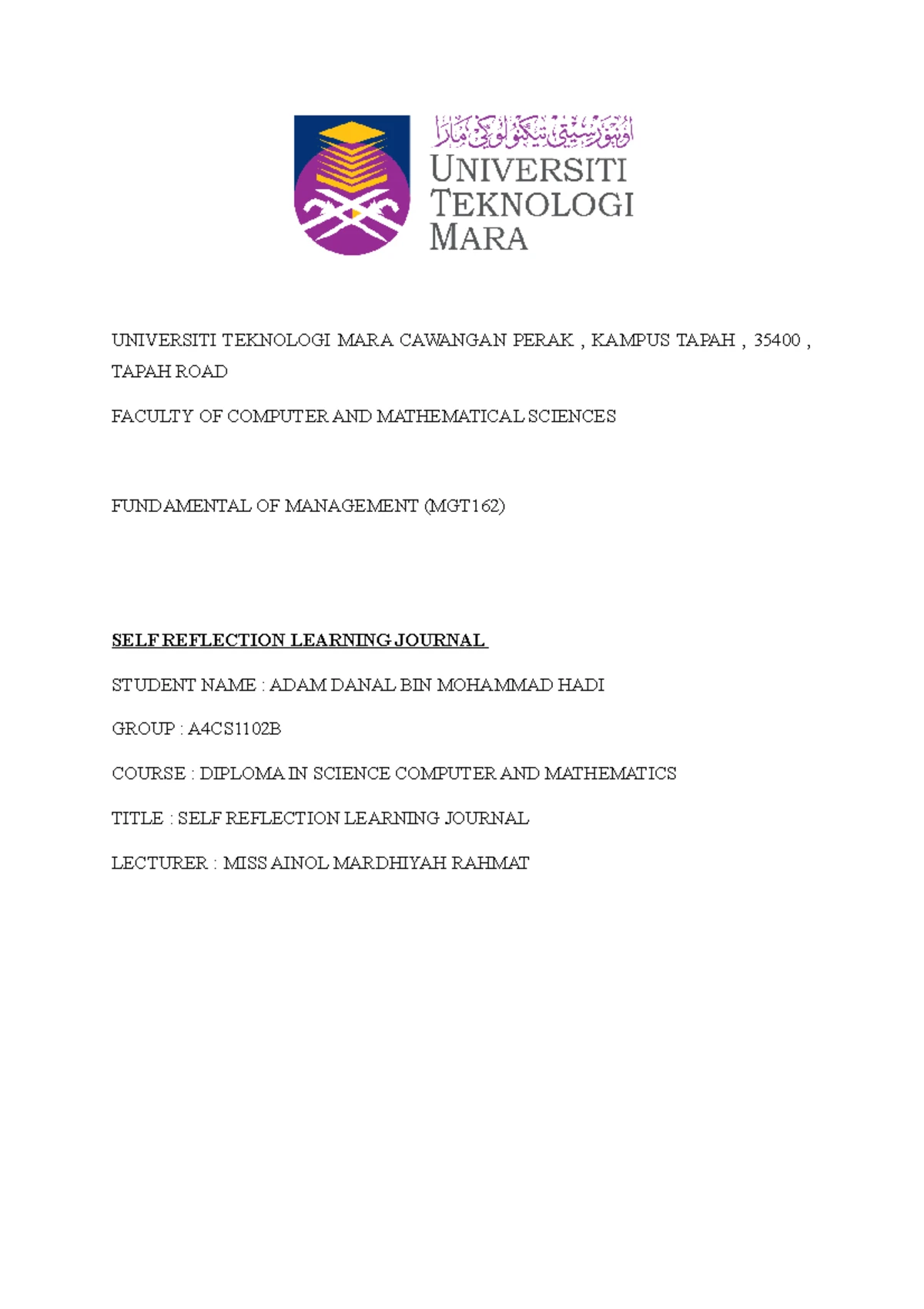 MGT162 Individual Assignment: Self-Reflection Learning Journal - Studocu