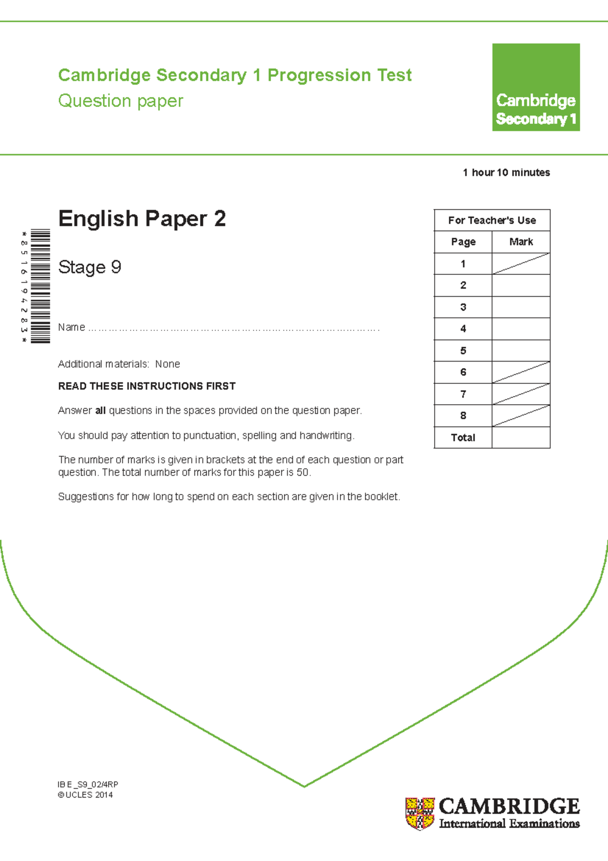 Progression Test Stage 9 English Paper 2 - UCLES 2014 - Studocu