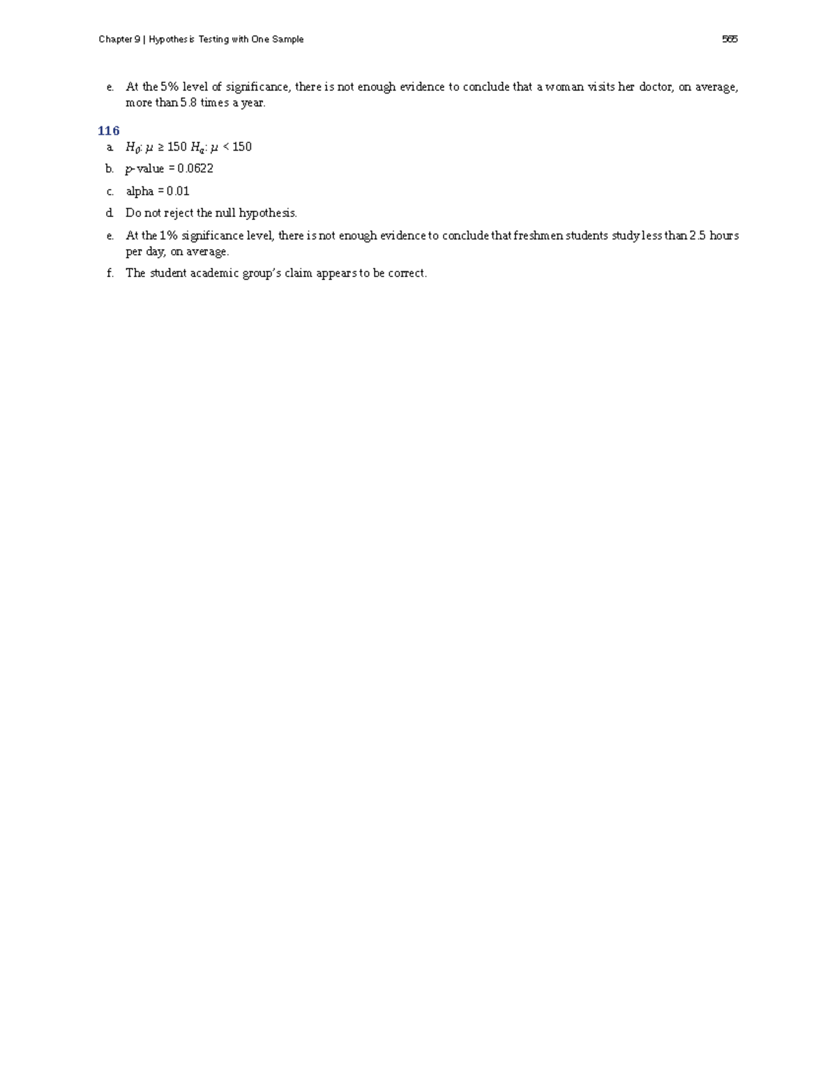 Chapter 9: One-Sample Hypothesis Testing in Introductory Statistics 565 ...