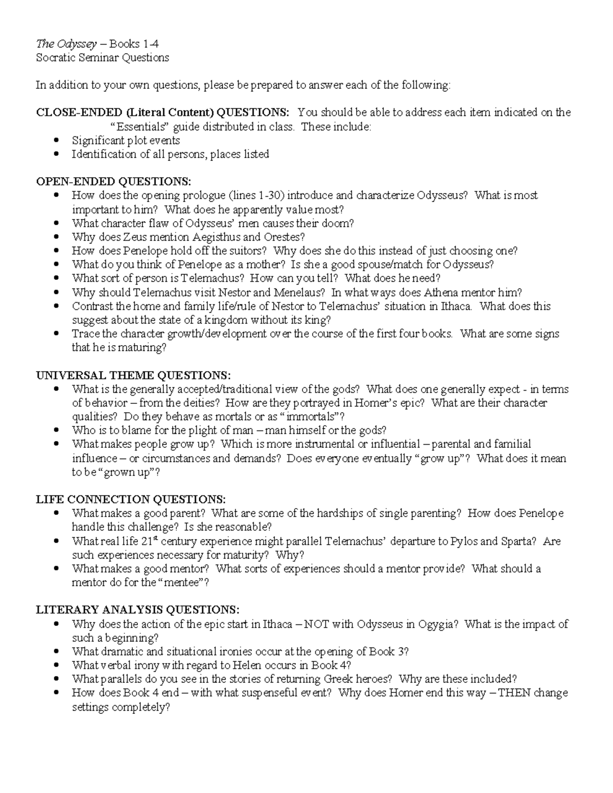The Odyssey 1-4 socratic qs - The Odyssey – Books 1- Socratic Seminar ...