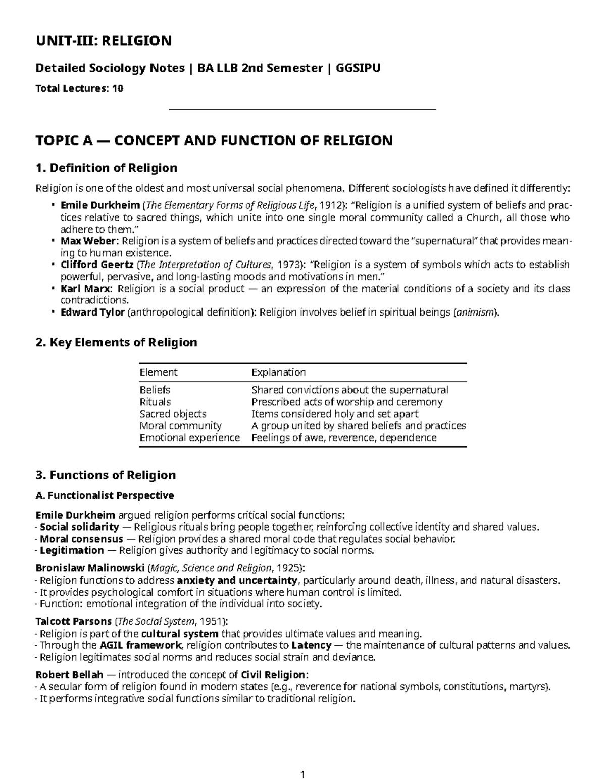 Religion: Detailed Sociology Notes for BA LLB 2nd Sem GGSIPU - Studocu