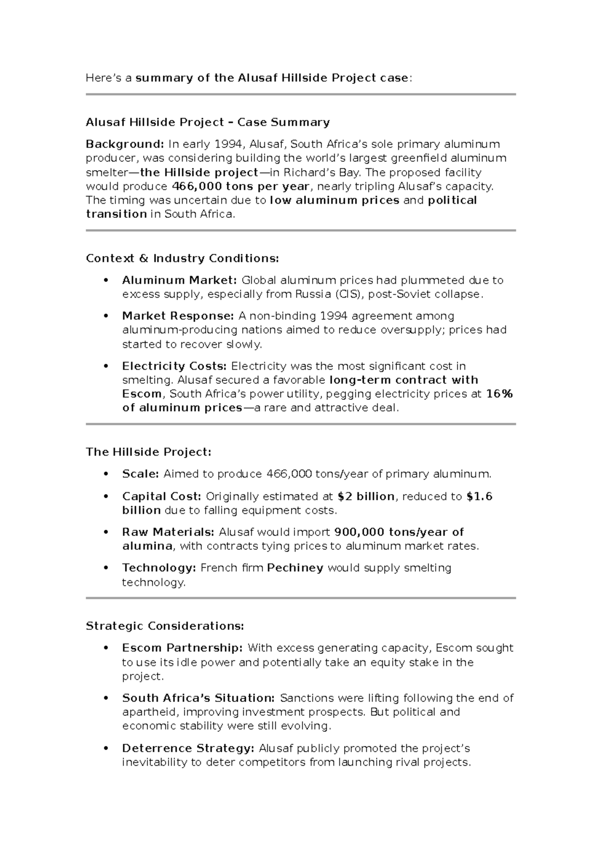 Alusaf Hillside Project Case Study: Investment Decisions & Market ...