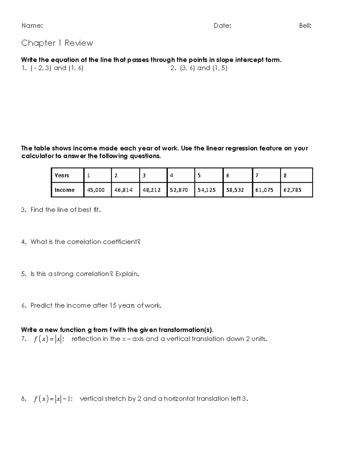 MATH101: Chapter 1 Review - Linear Equations & Regression Analysis ...