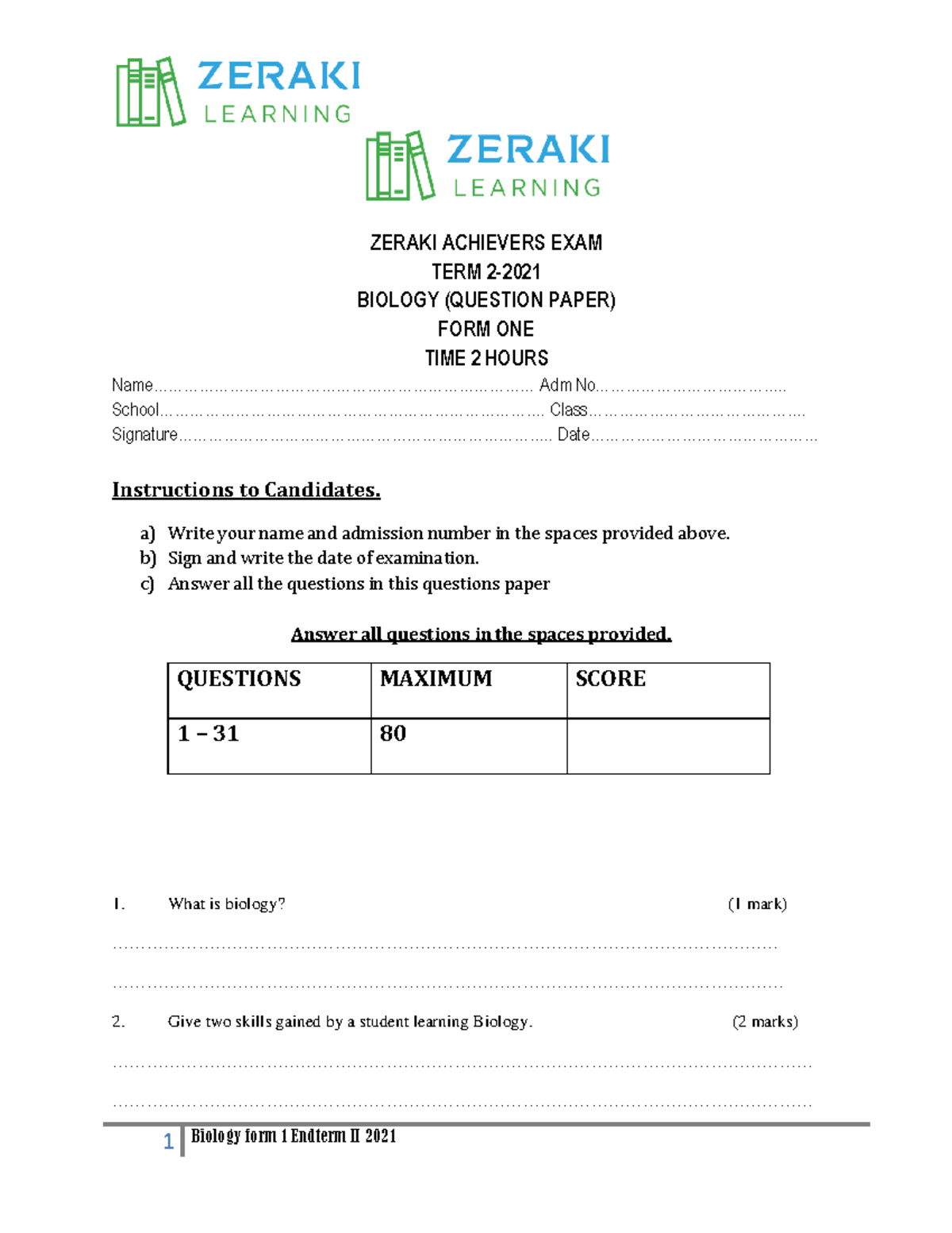 Biology Form 1 - Zeraki Achievers Exam Term II 2021 (Question Paper ...