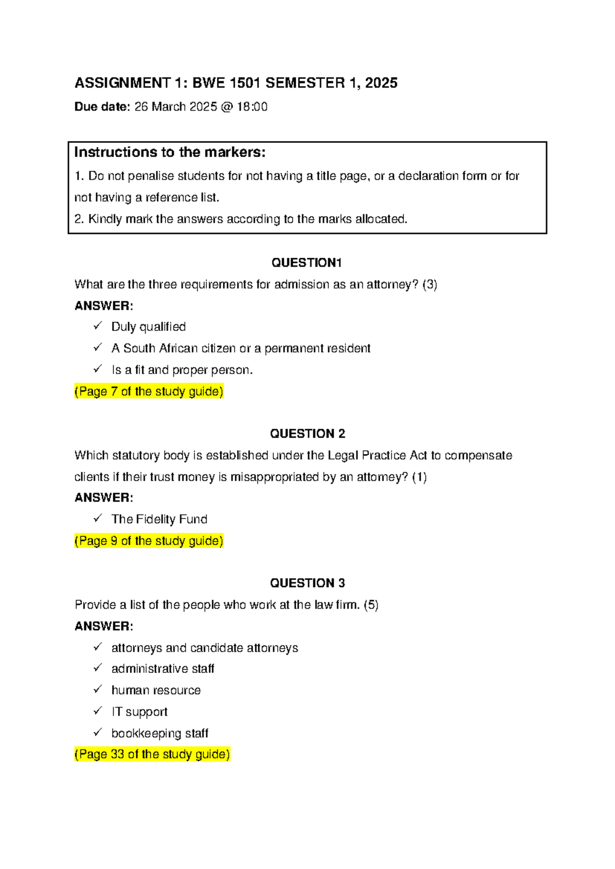 BWE 1501 Assignment 1: Legal Practice Insights for 2025 - Studocu
