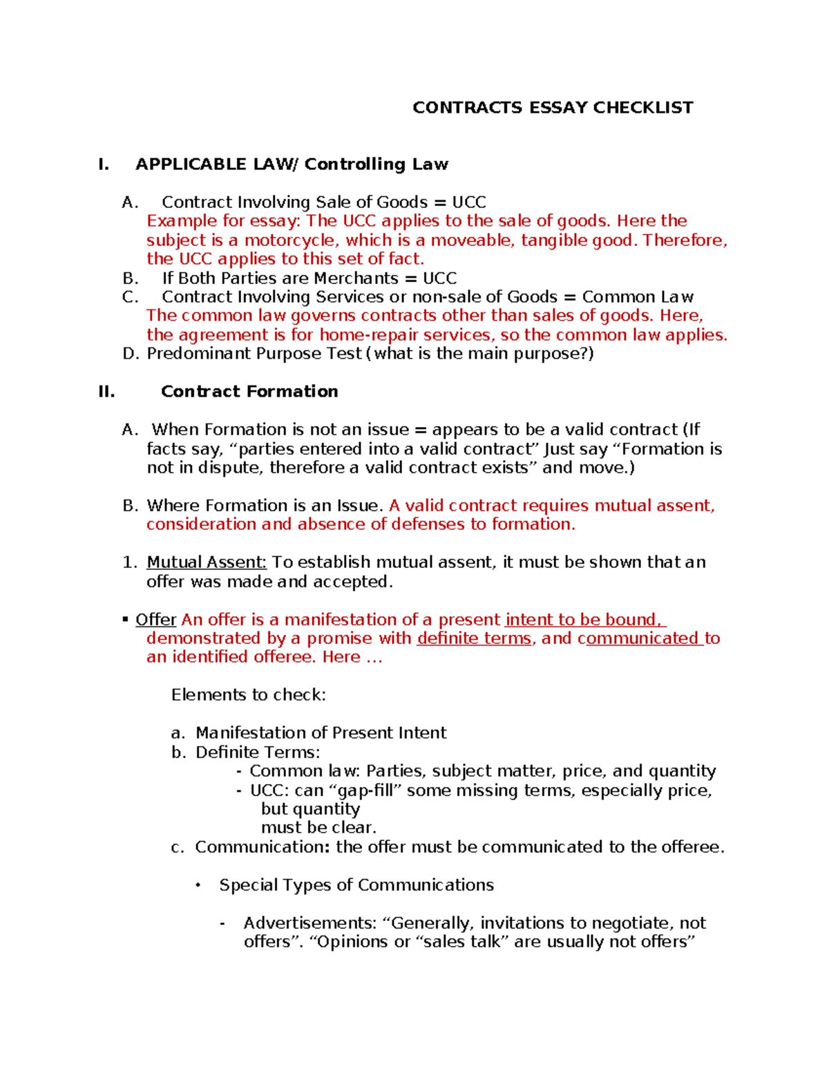 CONTRACTS 101: ESSAY CHECKLIST FOR UCC & COMMON LAW - Studocu