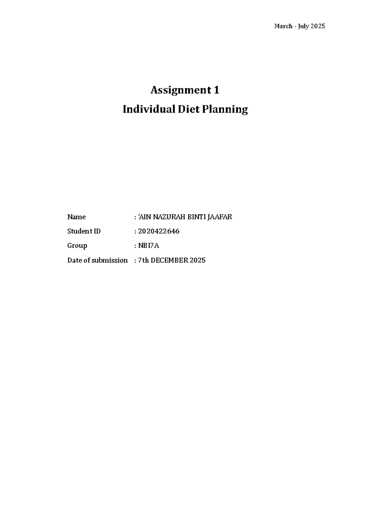 NBI7A March July 2025 Assignment 1: Individual Diet Planning - Studocu