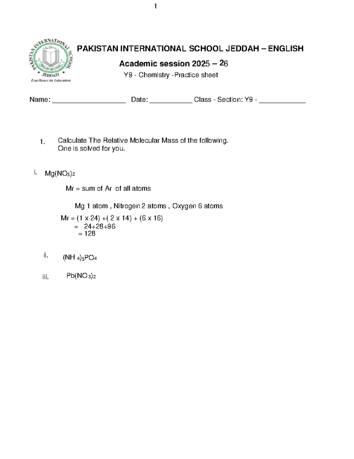 Y9 Chemistry Worksheet: Relative Molecular Mass Calculations - Studocu