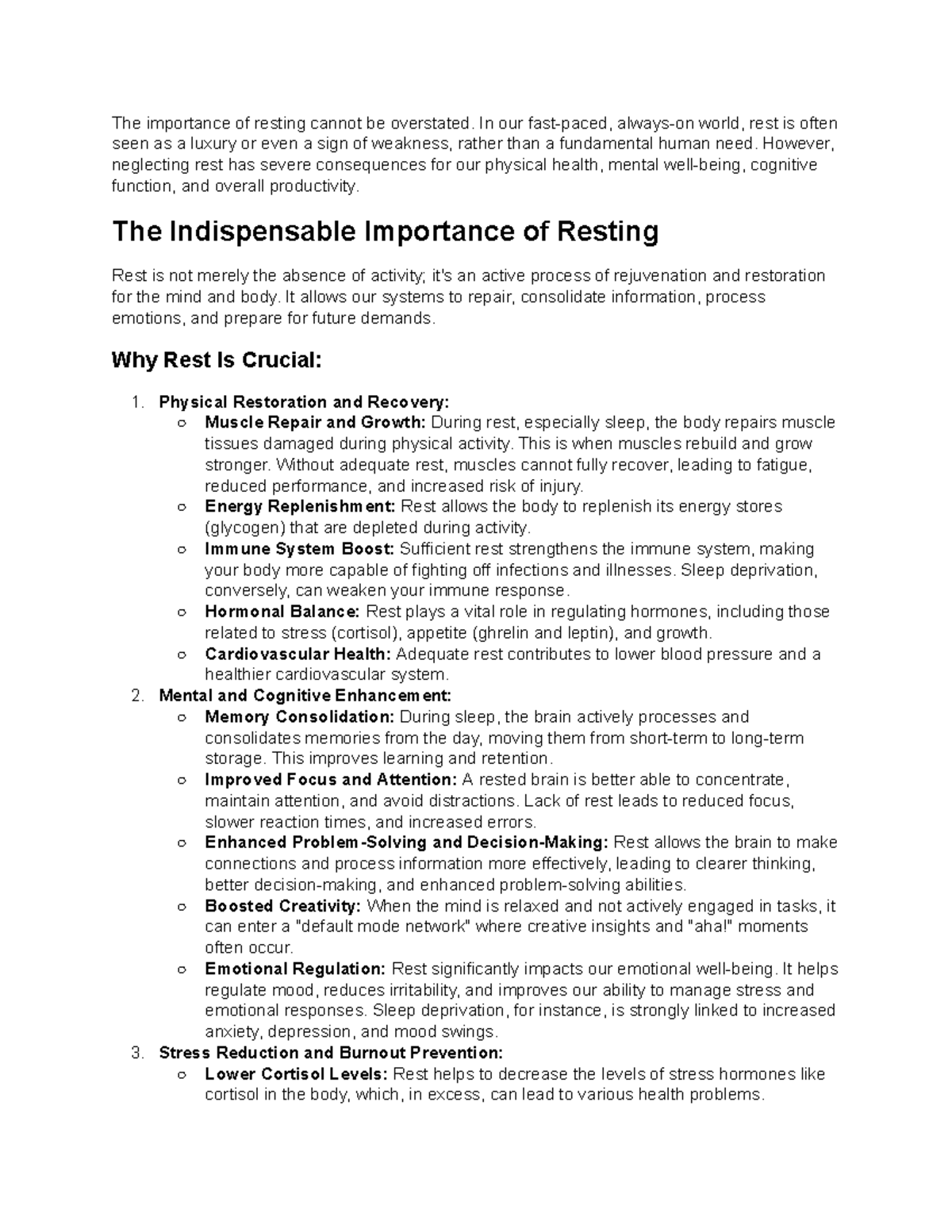 The Indispensable Role of Resting in Health and Productivity - Studocu