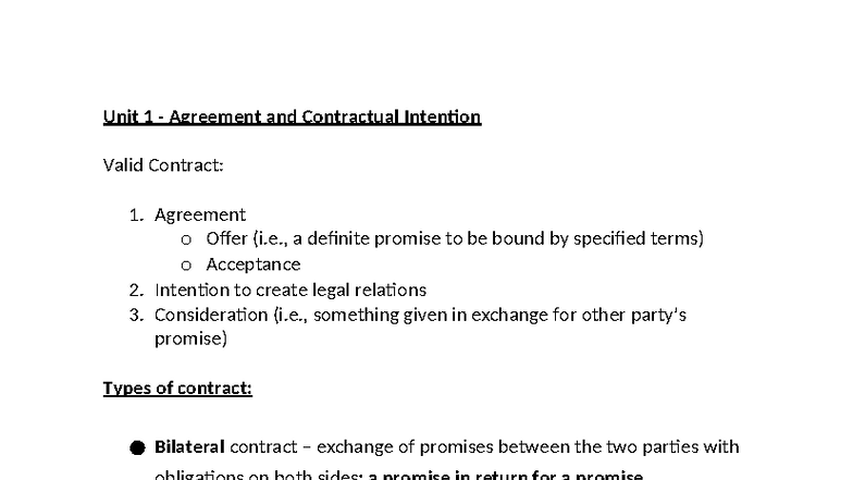 Unit 1 - Agreement & Contractual Intention in Contract Law - Studocu