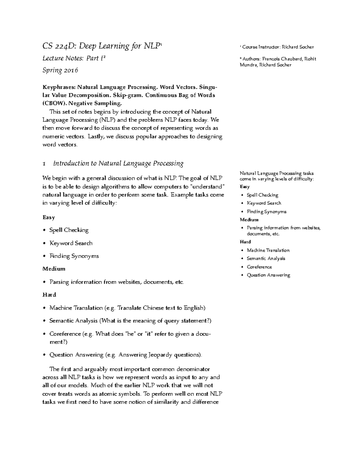 CS 224D: Deep Learning for NLP - Lecture Notes Part I (Spring 2016 ...