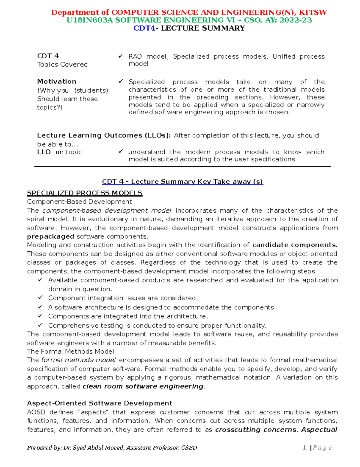 RAD model, Specialized process models, Unified process model - Department of COMPUTER SCIENCE ...