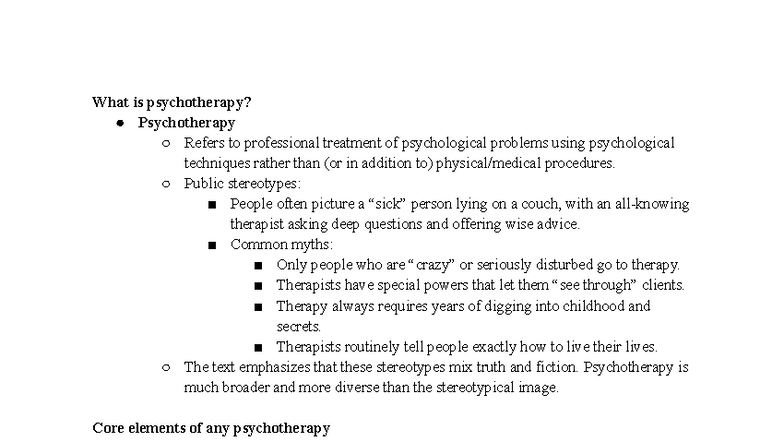 Psychotherapy Overview: Myths, Elements, and Treatment Insights - Studocu
