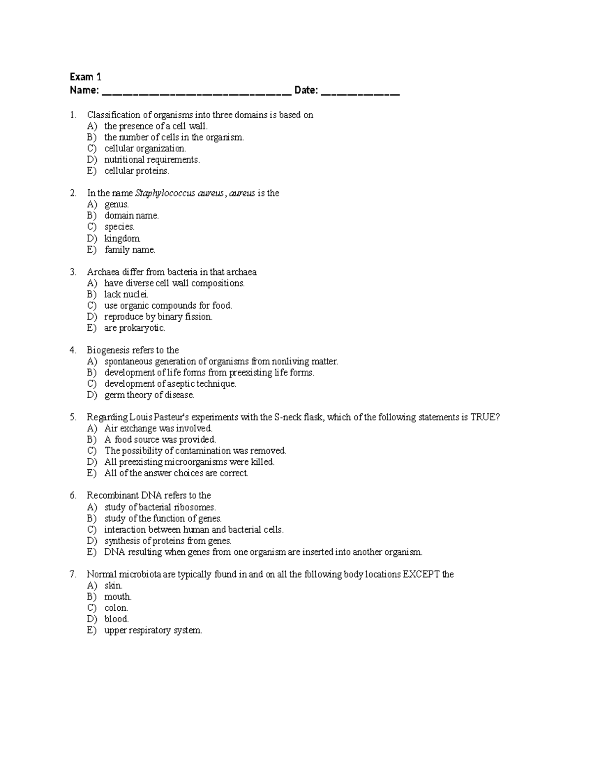 Microbiology Practice Exam 1 Study Guide for BIO 101 - Studocu