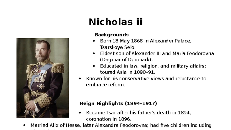 History of Key Figures in Russia: Nicholas II, Rasputin, and More - Studocu