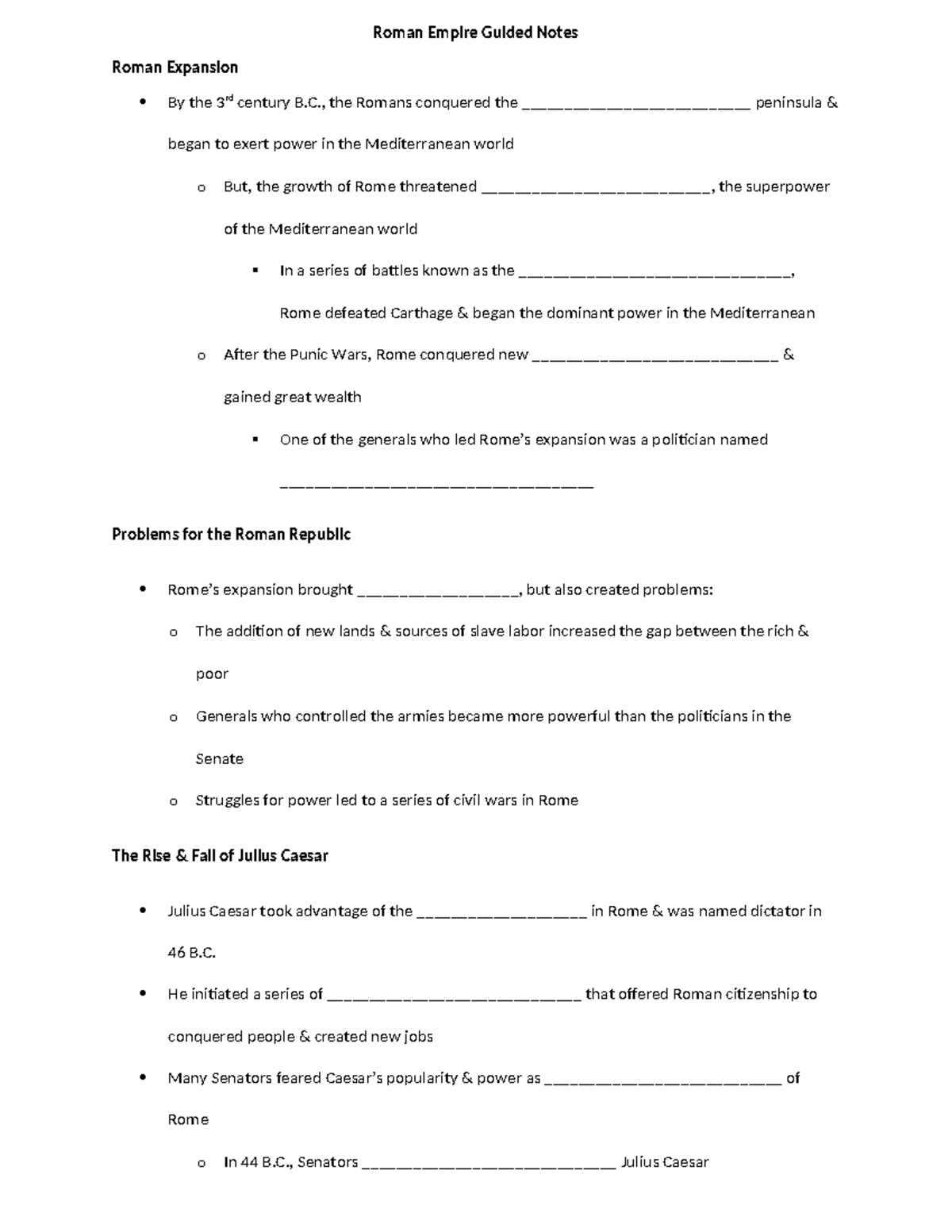 Roman empire guided notes - Roman Empire Guided Notes Roman Expansion ...