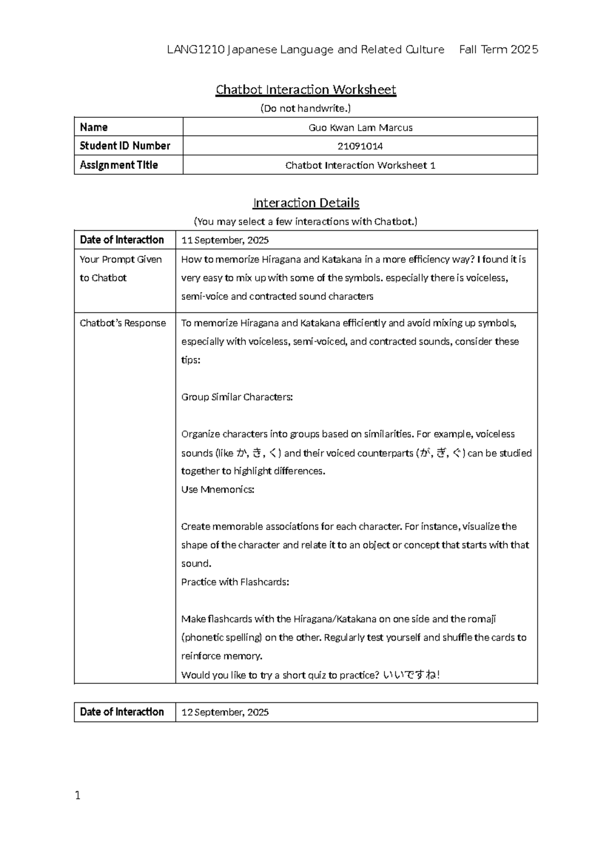 LANG1210 Chatbot Interaction Worksheet: Hiragana & Katakana Tips - Studocu