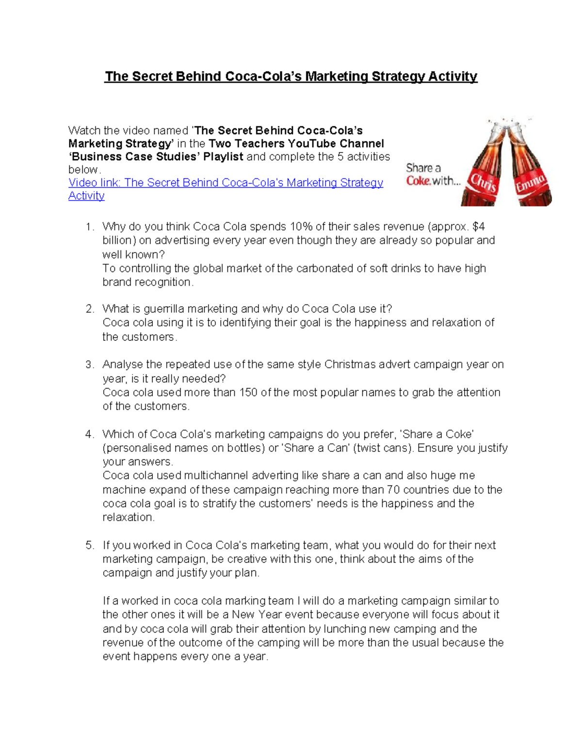 Coca Cola Marketing Strategy Case Study Worksheet - Studocu
