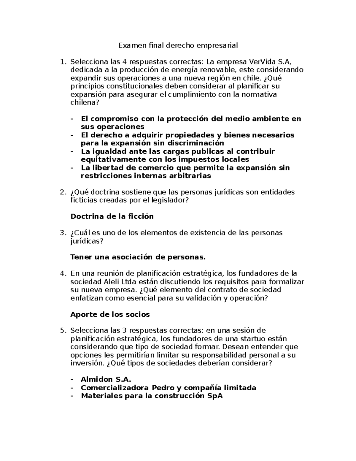 Examen Final Derecho Empresarial IPP: Preguntas y Respuestas Clave - Studocu