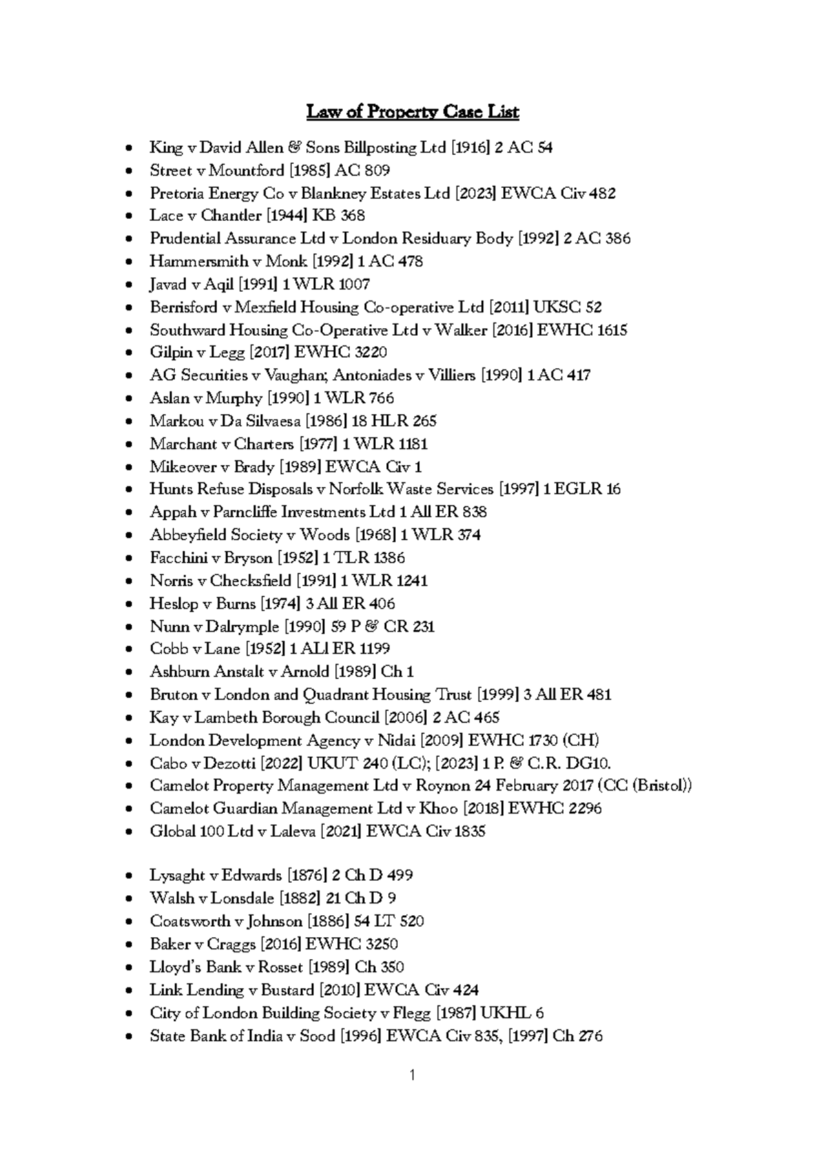 Law of Property Case List: Key Cases and Legal Principles - Studocu