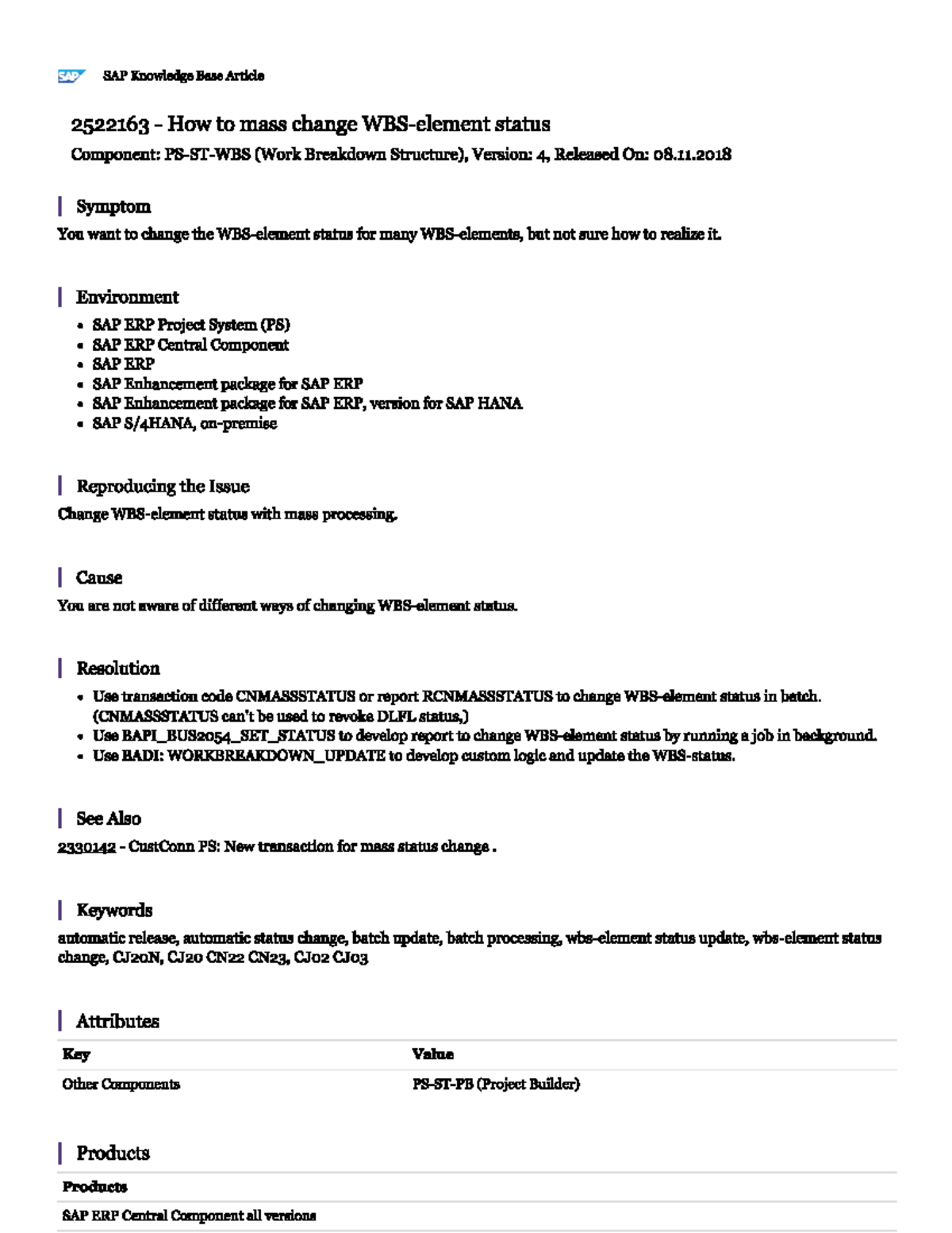 2522163 - Mass Change of WBS Element Status in SAP ERP PS - Studocu