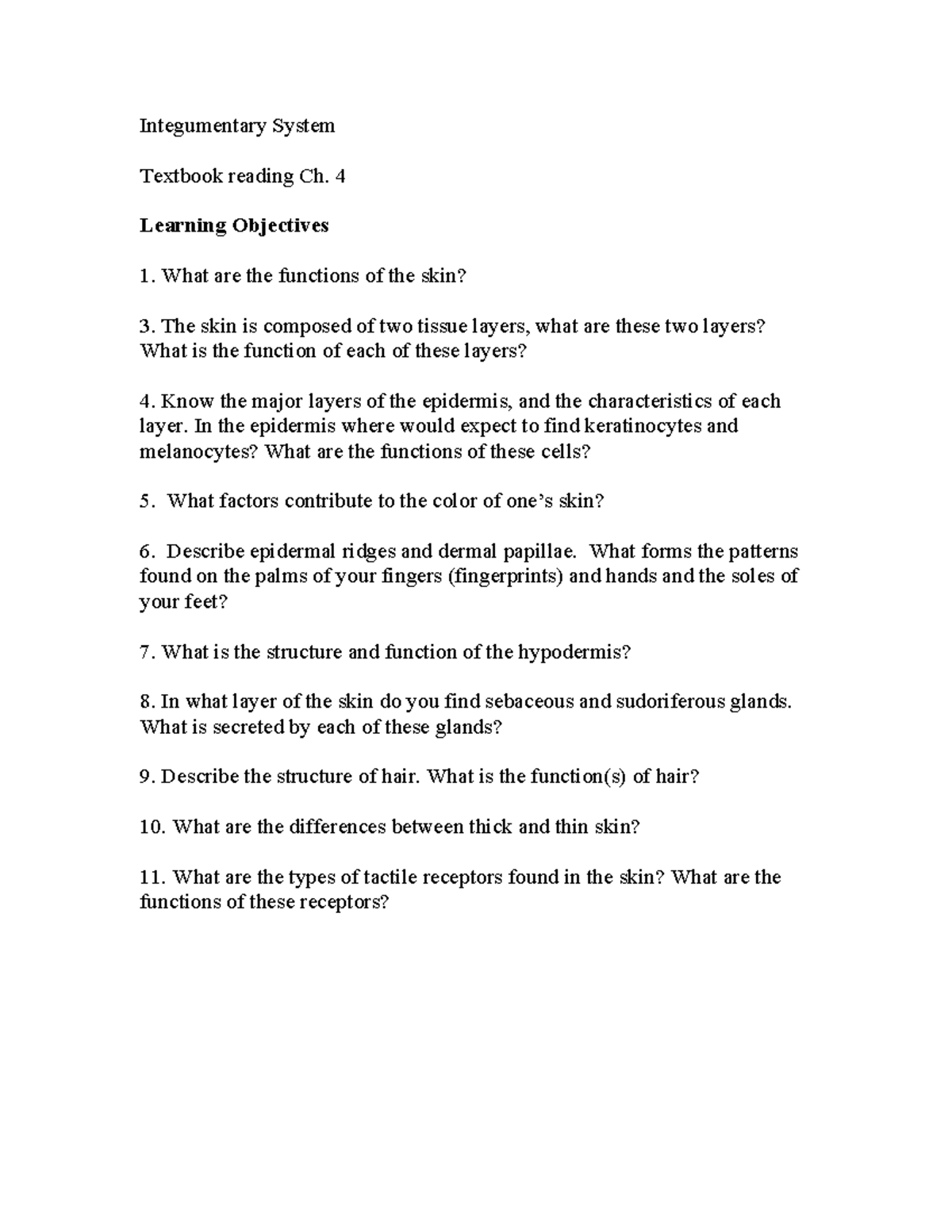 Integumentary System Overview: Ch. 4 Textbook Reading & Lab Notes - Studocu