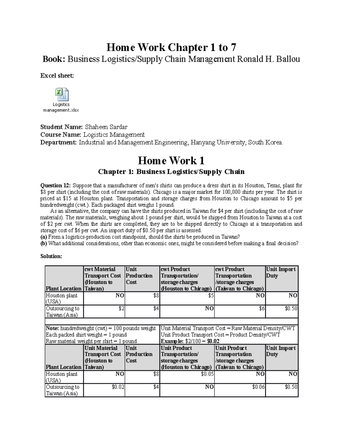 Logistics Management Homework Notes (Chapters 1-7) - Industrial ...