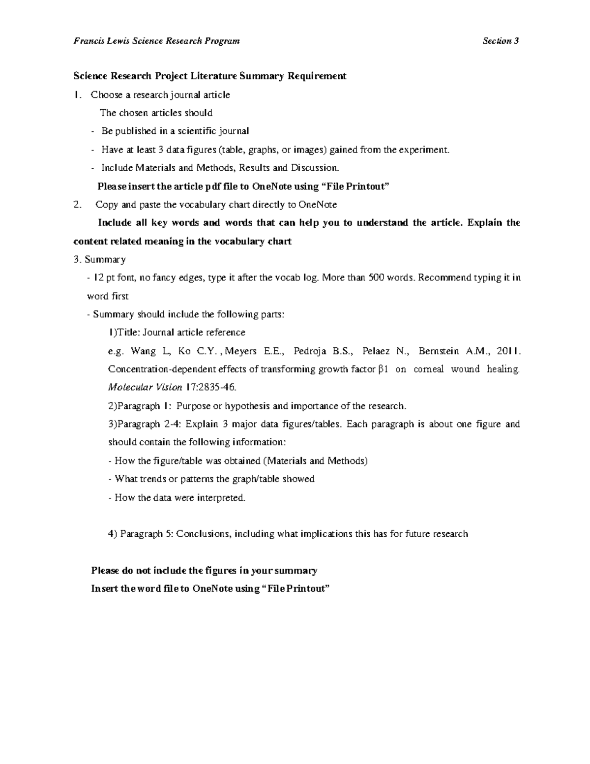 Francis Lewis Science Research Program: Literature Summary Guidelines ...