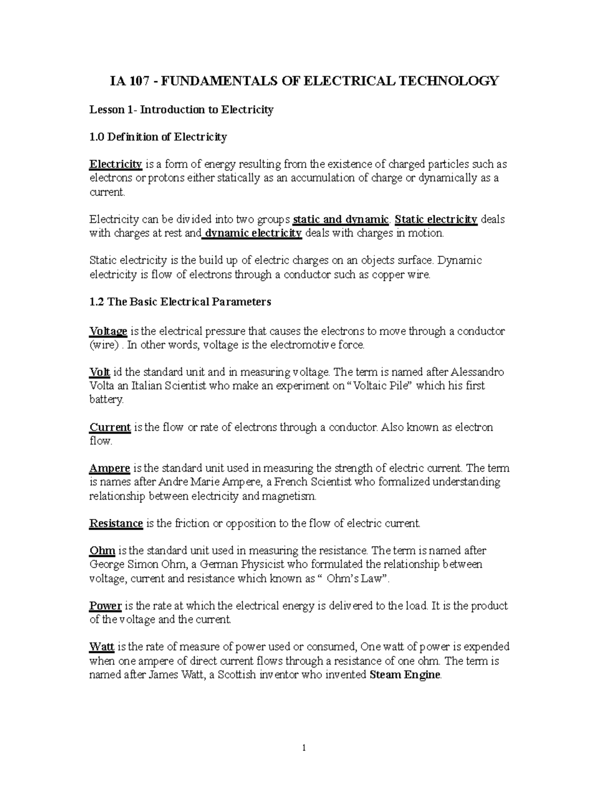 IA 107 Lesson 1 Fundamentals OF Electrical Technology - 1 IA 107 - FUNDAMENTALS OF ELECTRICAL ...