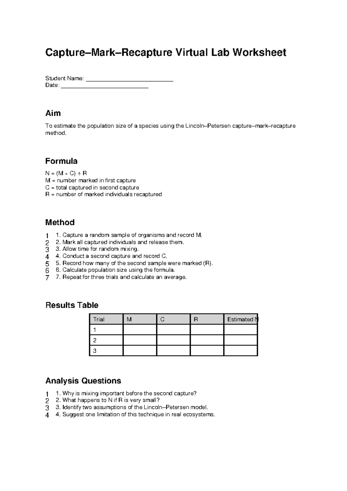 Capture Mark Recapture Worksheet: Estimating Population Size - Studocu