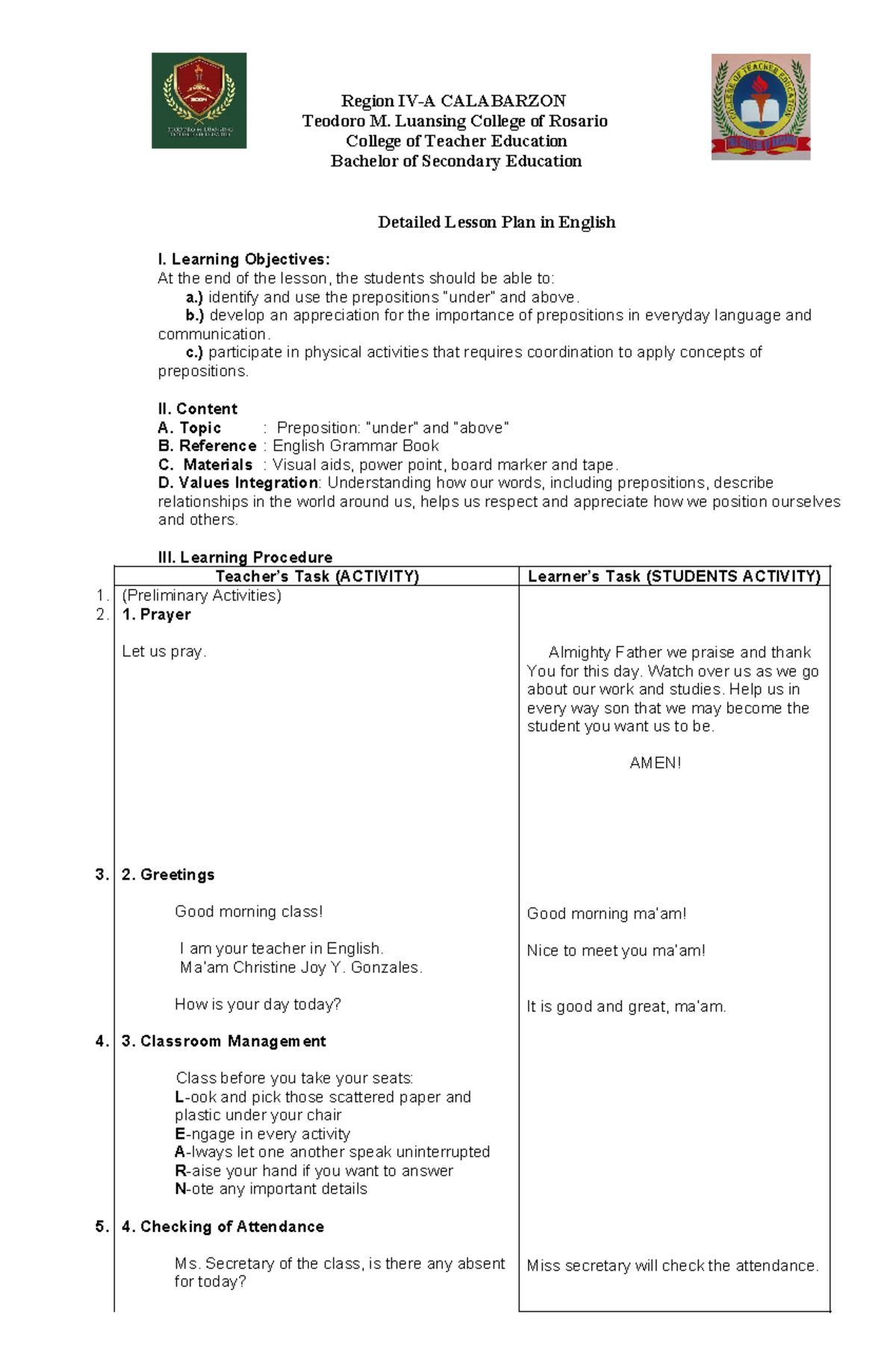 Detailed Lesson Plan in English I: Prepositions (Under & Above) - Studocu