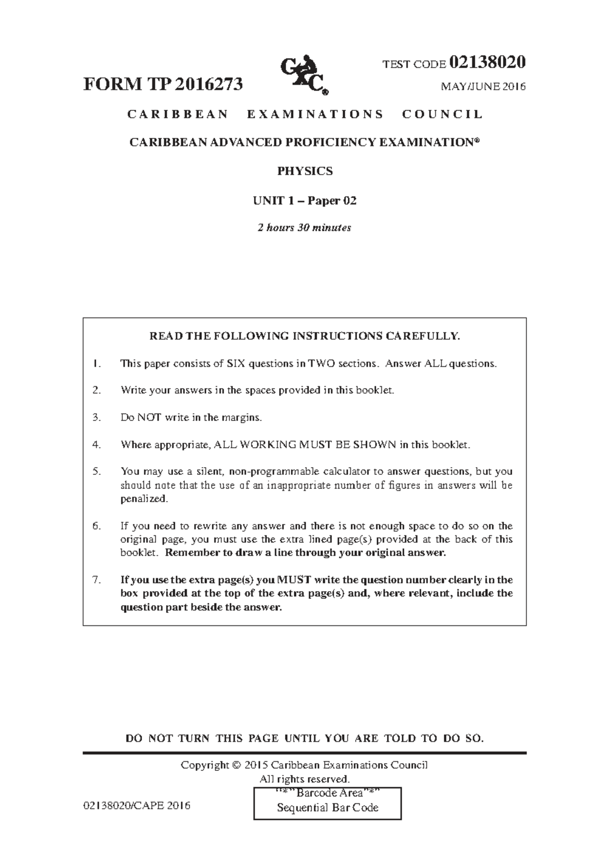 CAPE Physics Unit 1 Paper 02 Exam 2016 - Marking Guide - Studocu